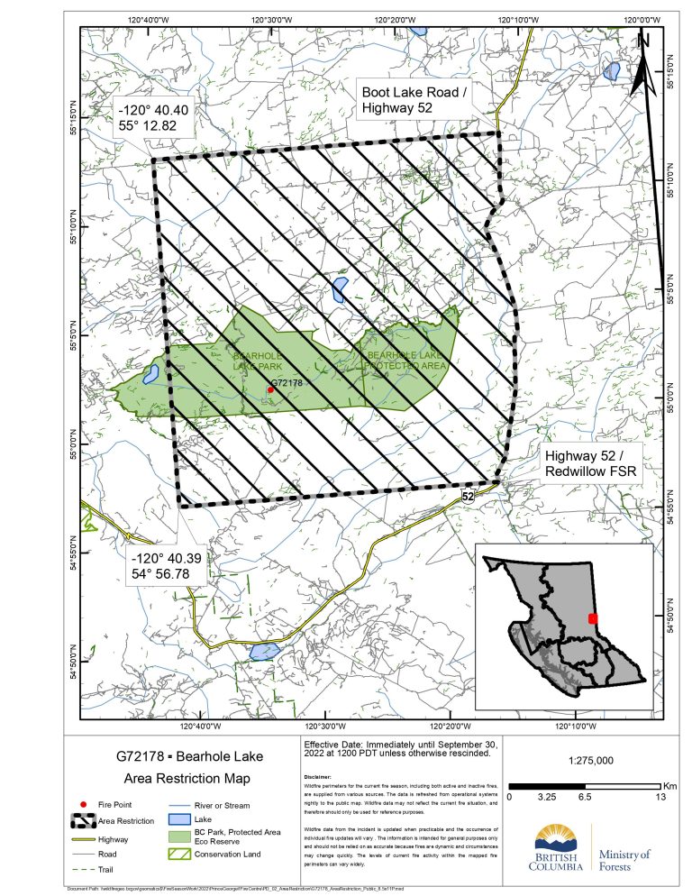 Area restriction in effect for Bearhole Lake wildfire – BC Wildfire Service